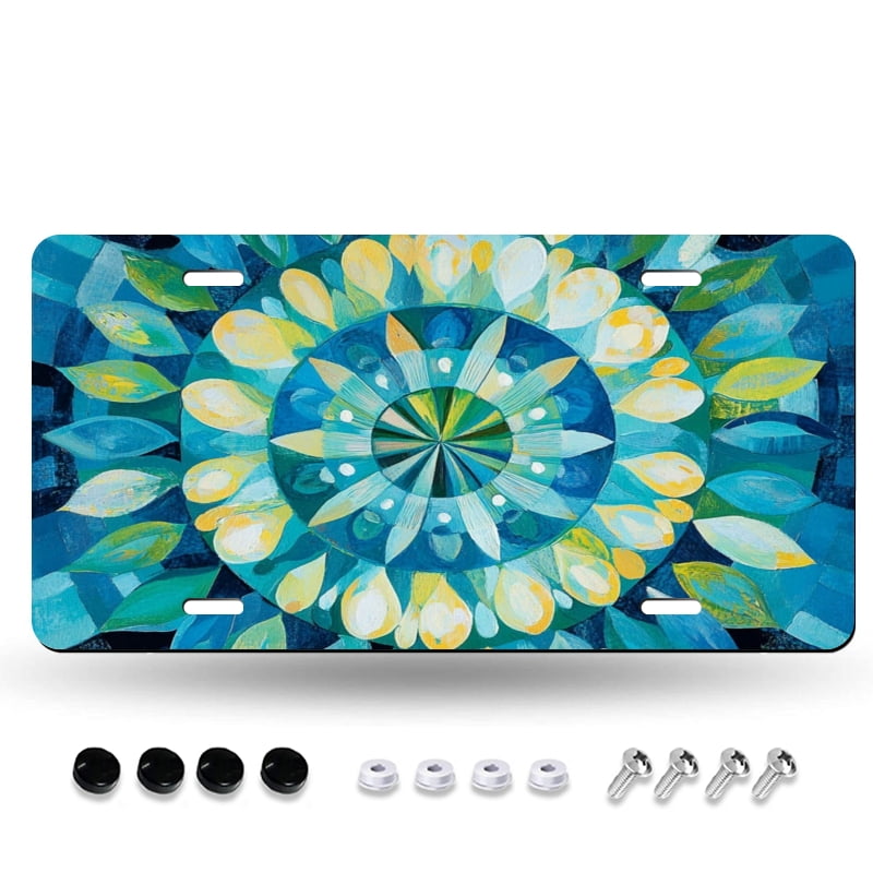 Blue and Yellow Symmetrical Floral Mandala License Plate Frame ...