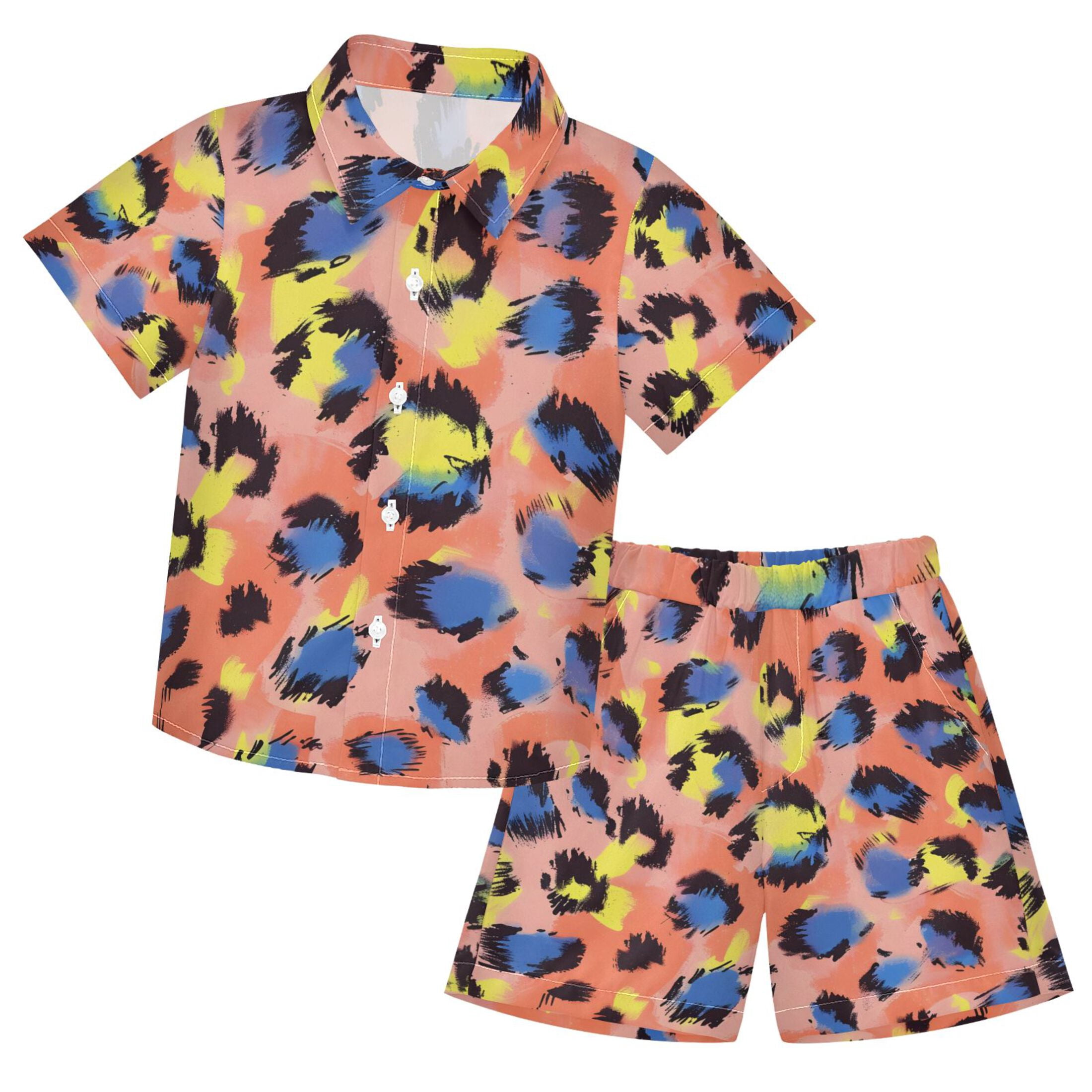 Blue and Yellow Watercolor Leopard Print Pattern Boys' Hawaiian Shorts ...