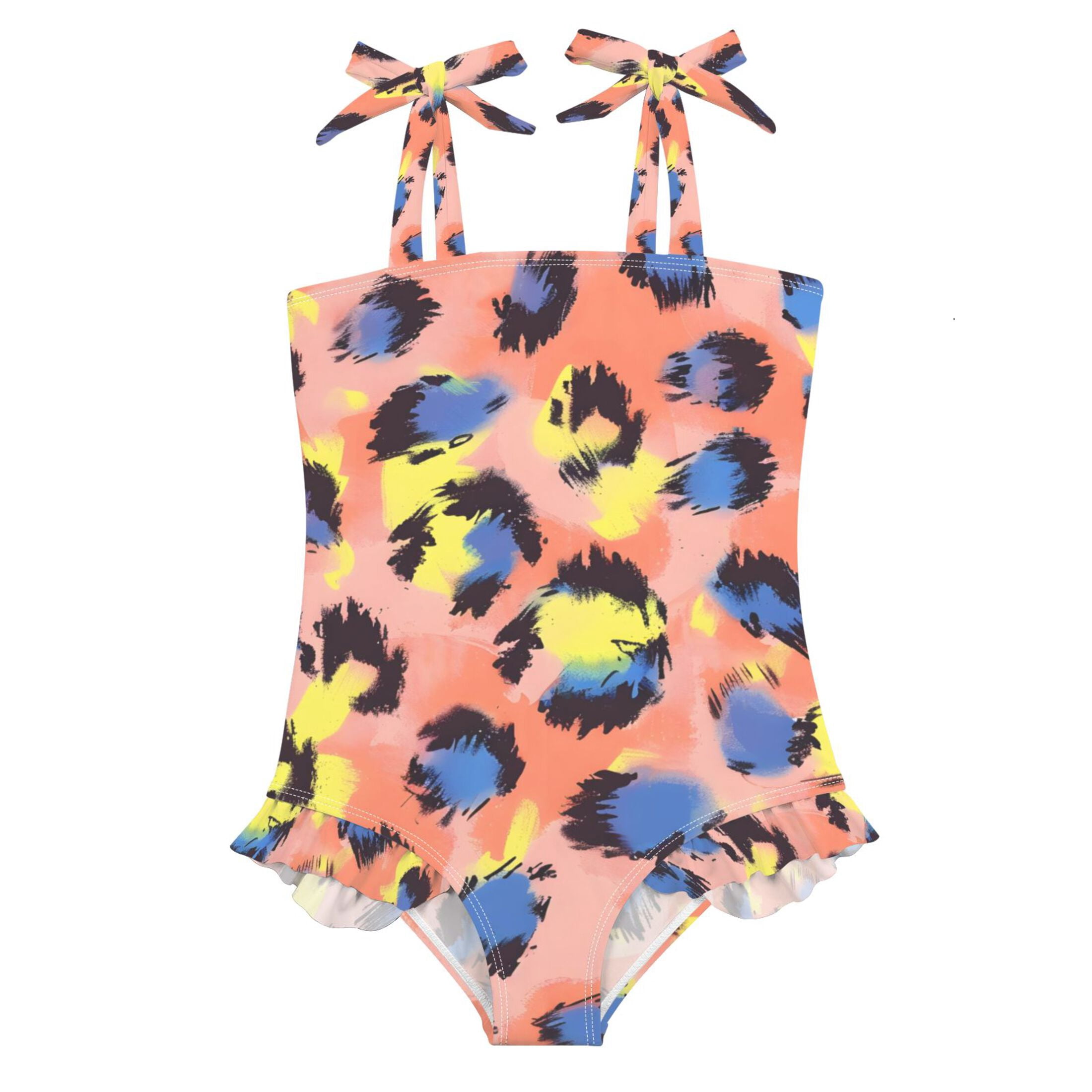 Blue and Yellow Watercolor Leopard Print Pattern Girls' One-Piece ...