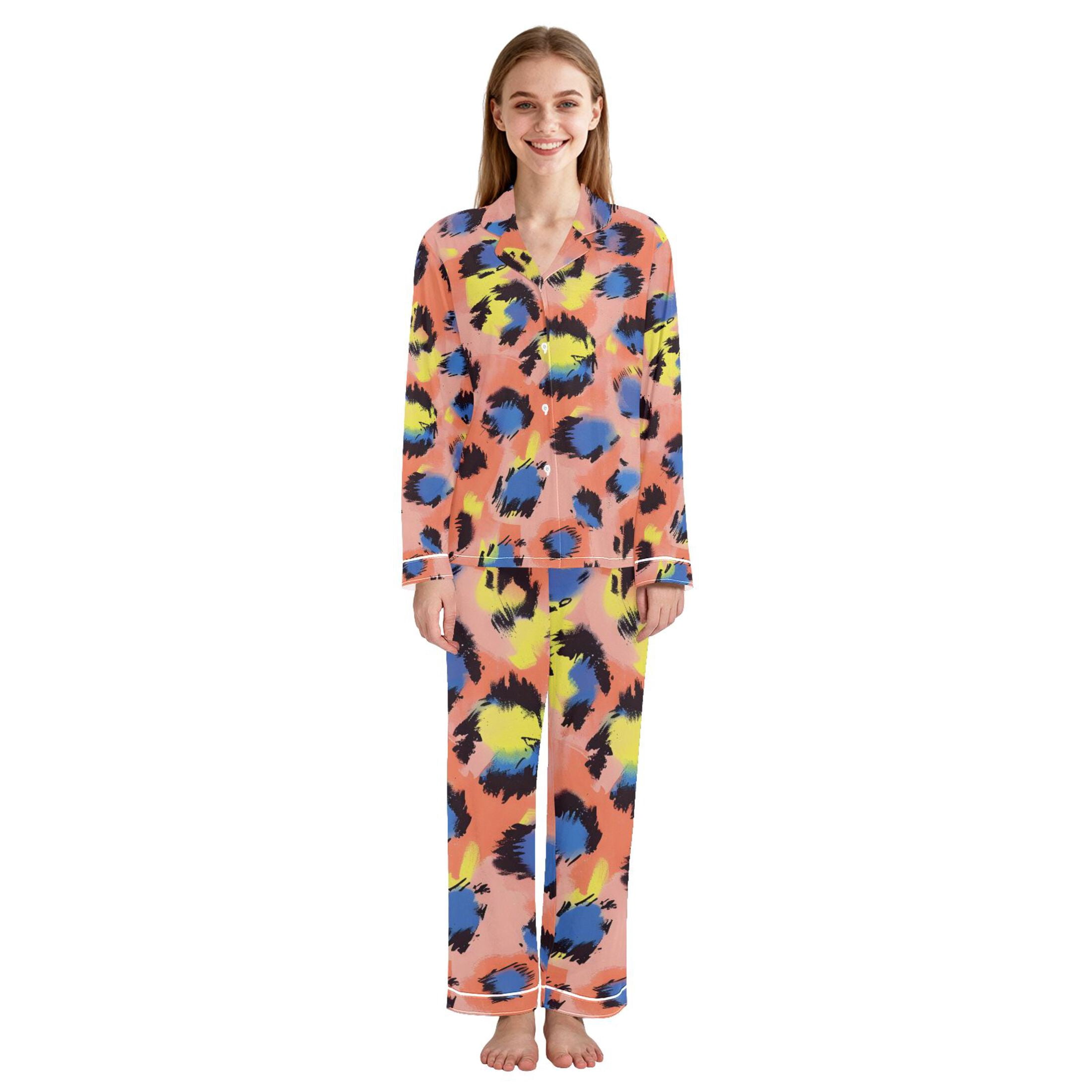 Blue and Yellow Watercolor Leopard Print Pattern Women Pajama Set Soft ...