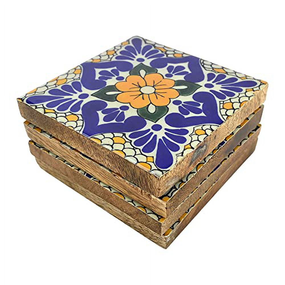 Blue and Yellow Wood and Enamel Set of 4 Square Drink Coasters ...