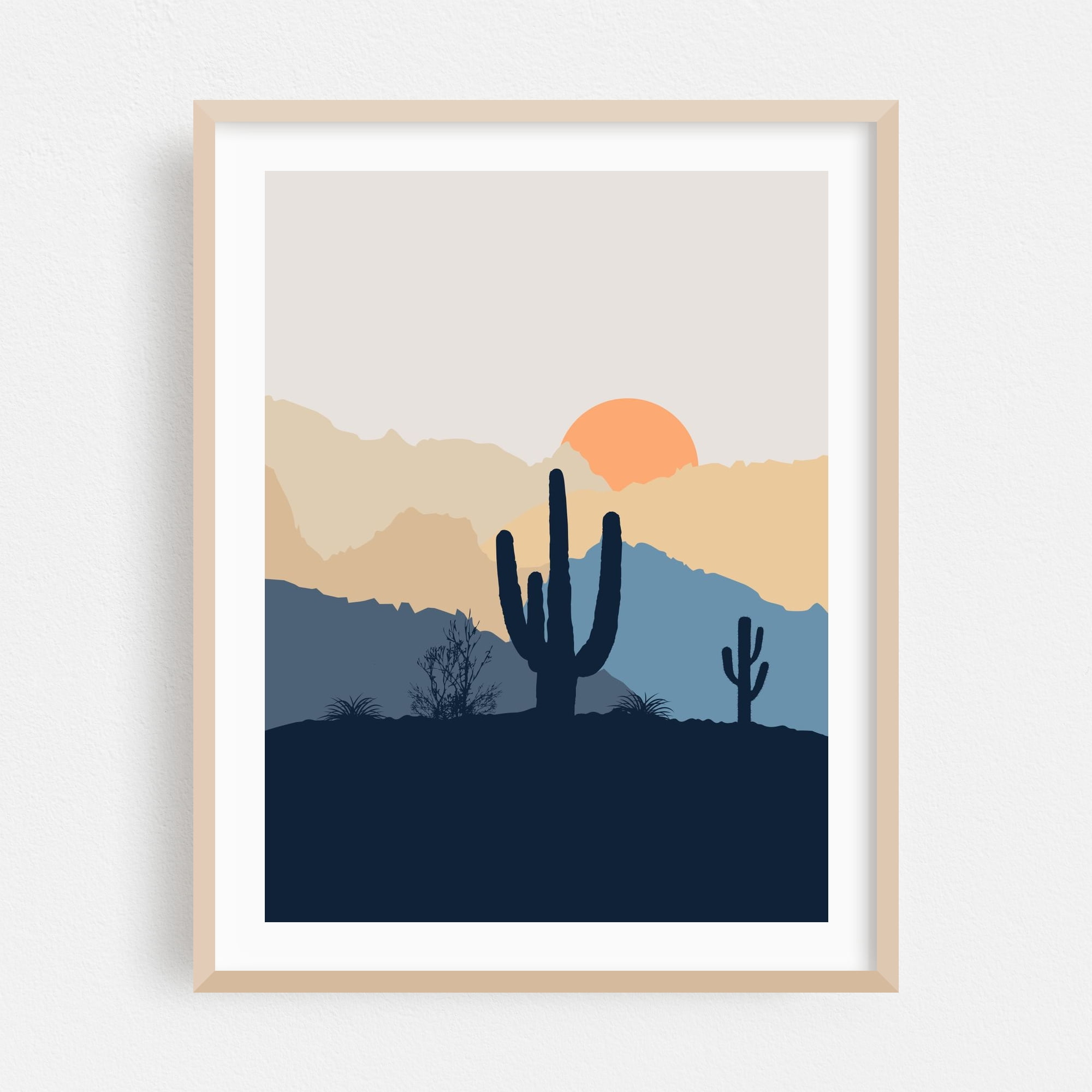Blue and beige desert sunrise - Illustration Desert Cactus Sunset ...
