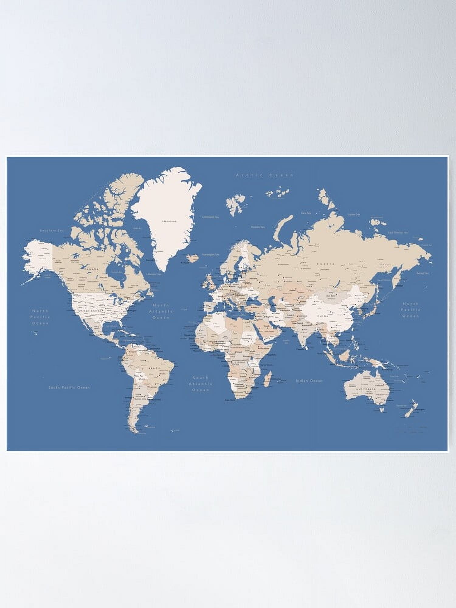 Blue and brown detailed world map Poster - Walmart.com