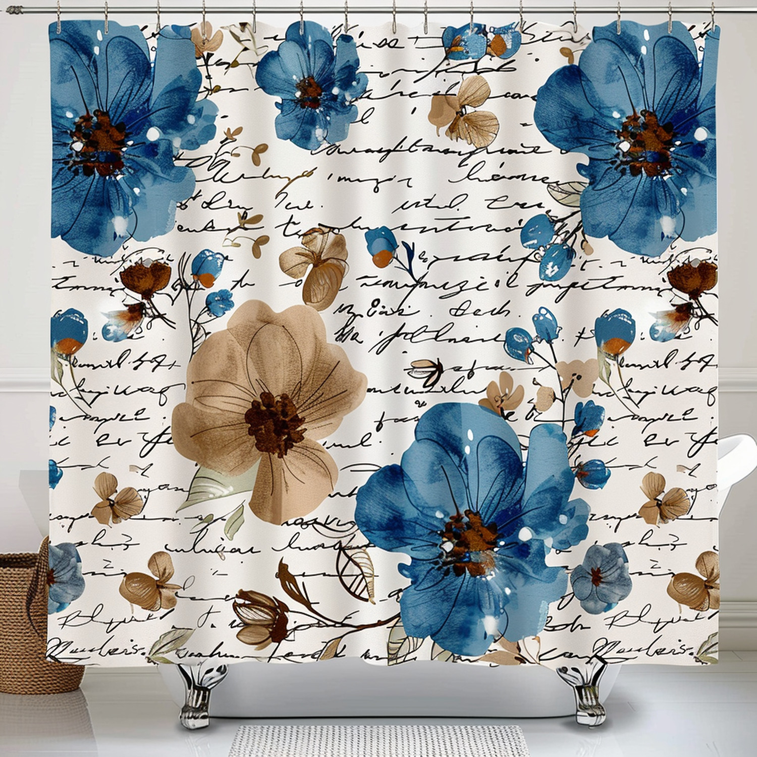 Blue and brown floral pattern shower curtain with cursive writing on ...