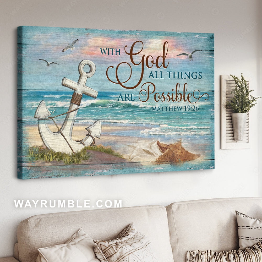 Blue beach painting, White anchor, Sunset, With God all things are ...