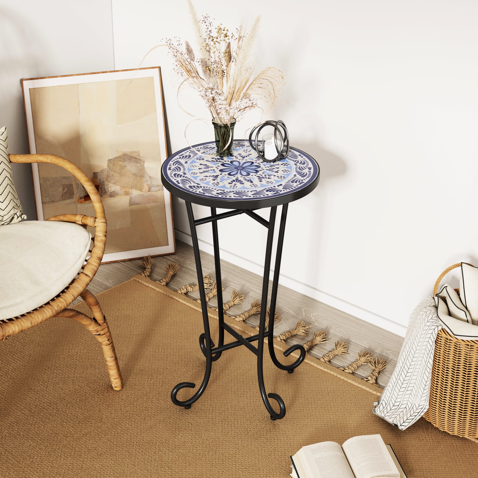 Blue+black Patio Side Table - To Elements, Ceramic Tile Surface With ...