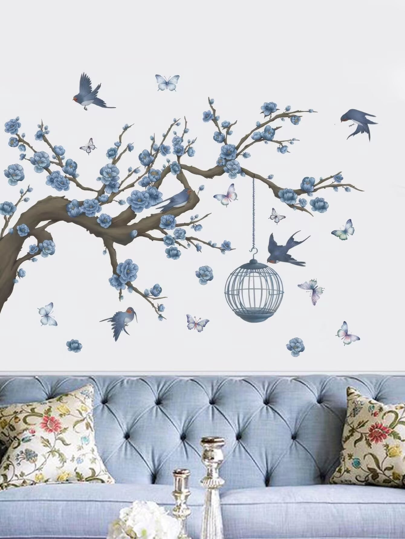 Blue branch flower stickers, branch wall stickers, blue flower stickers ...