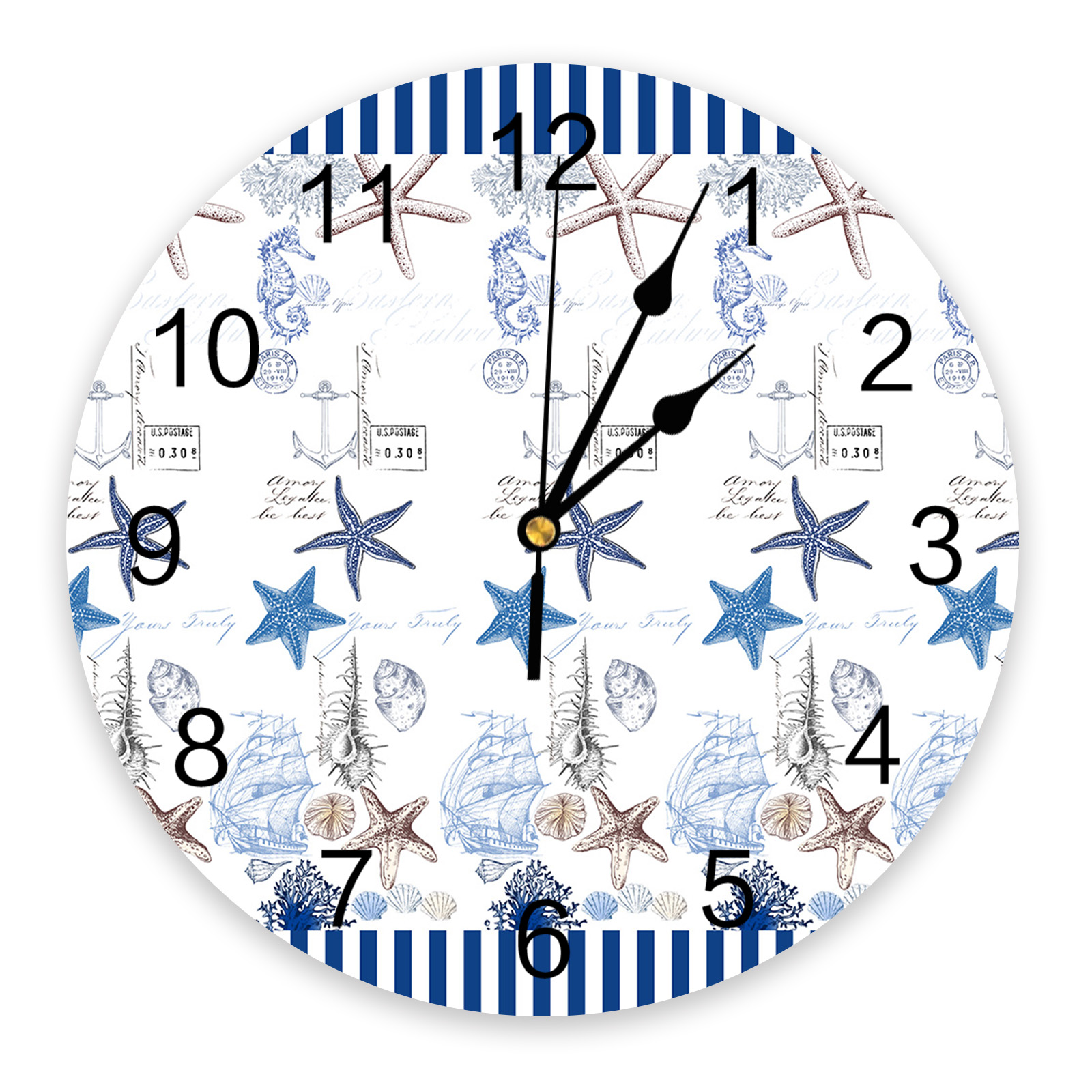 Blue-brown Ocean Star Shell Bedroom Wall Clock Large Modern Kitchen ...