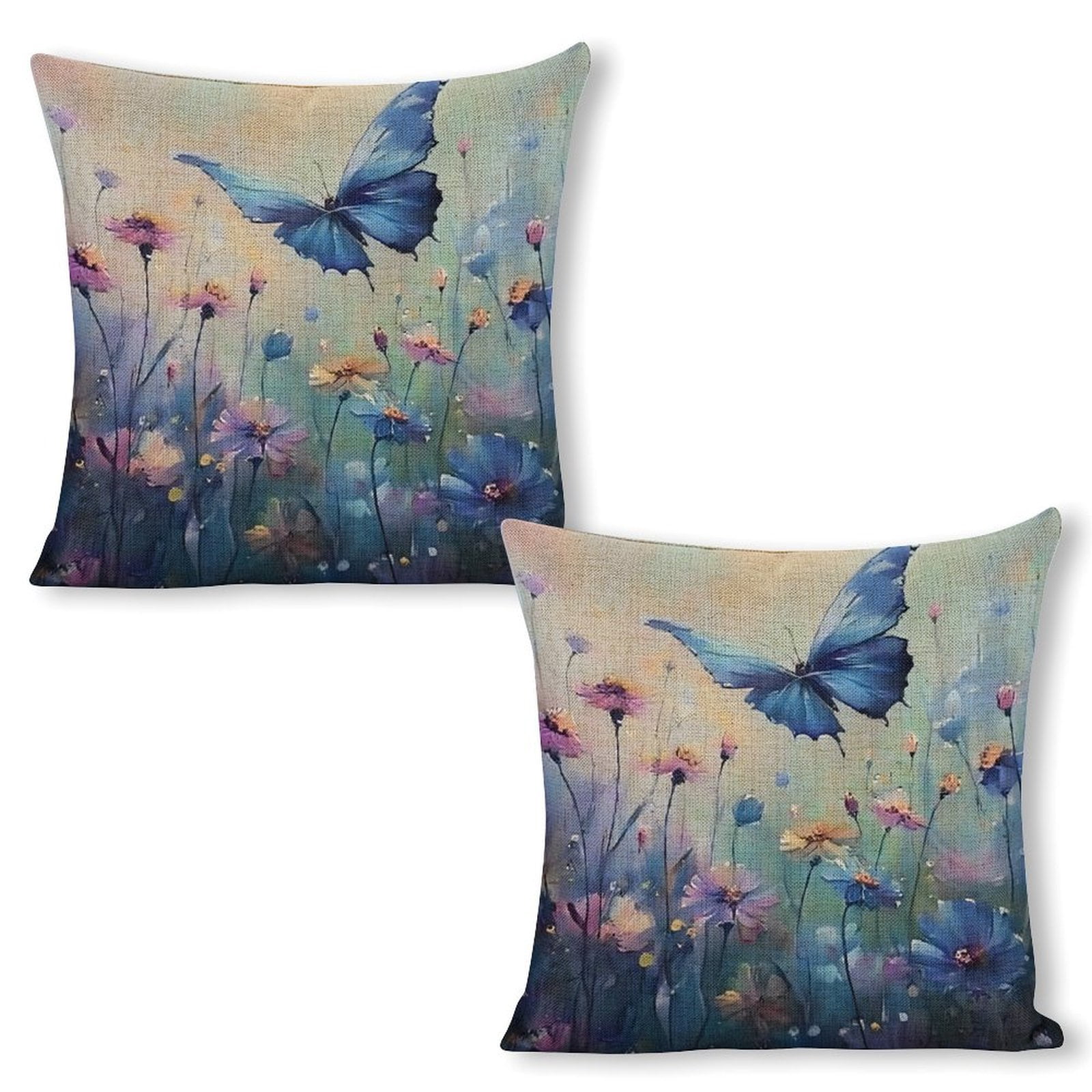 Blue butterfly flowers Linen toss pillowcase Decoration pillowcase Gift ...