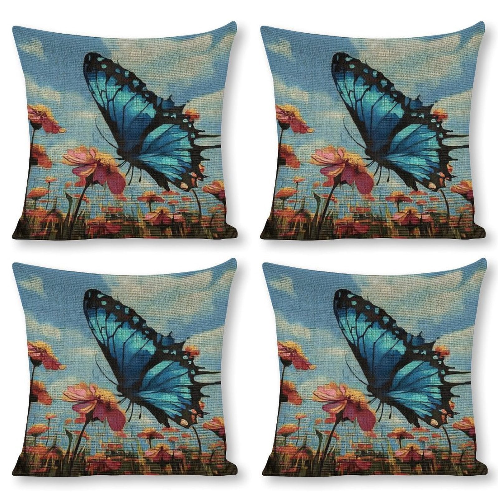 Blue butterfly flowers Linen toss pillowcase Decoration pillowcase Gift ...