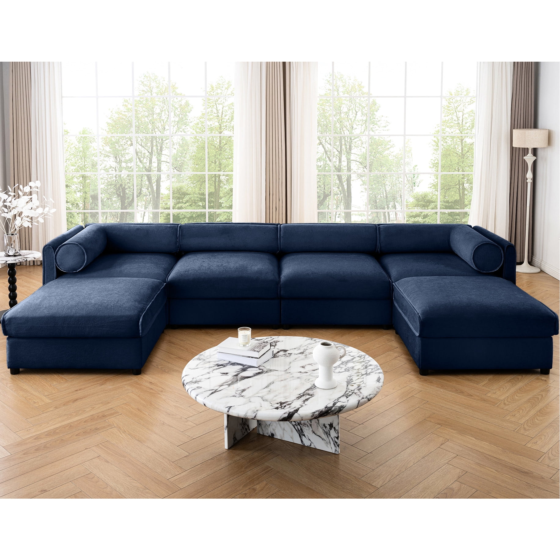 Blue chenille modular sectional couch with cylindrical backrest for ...