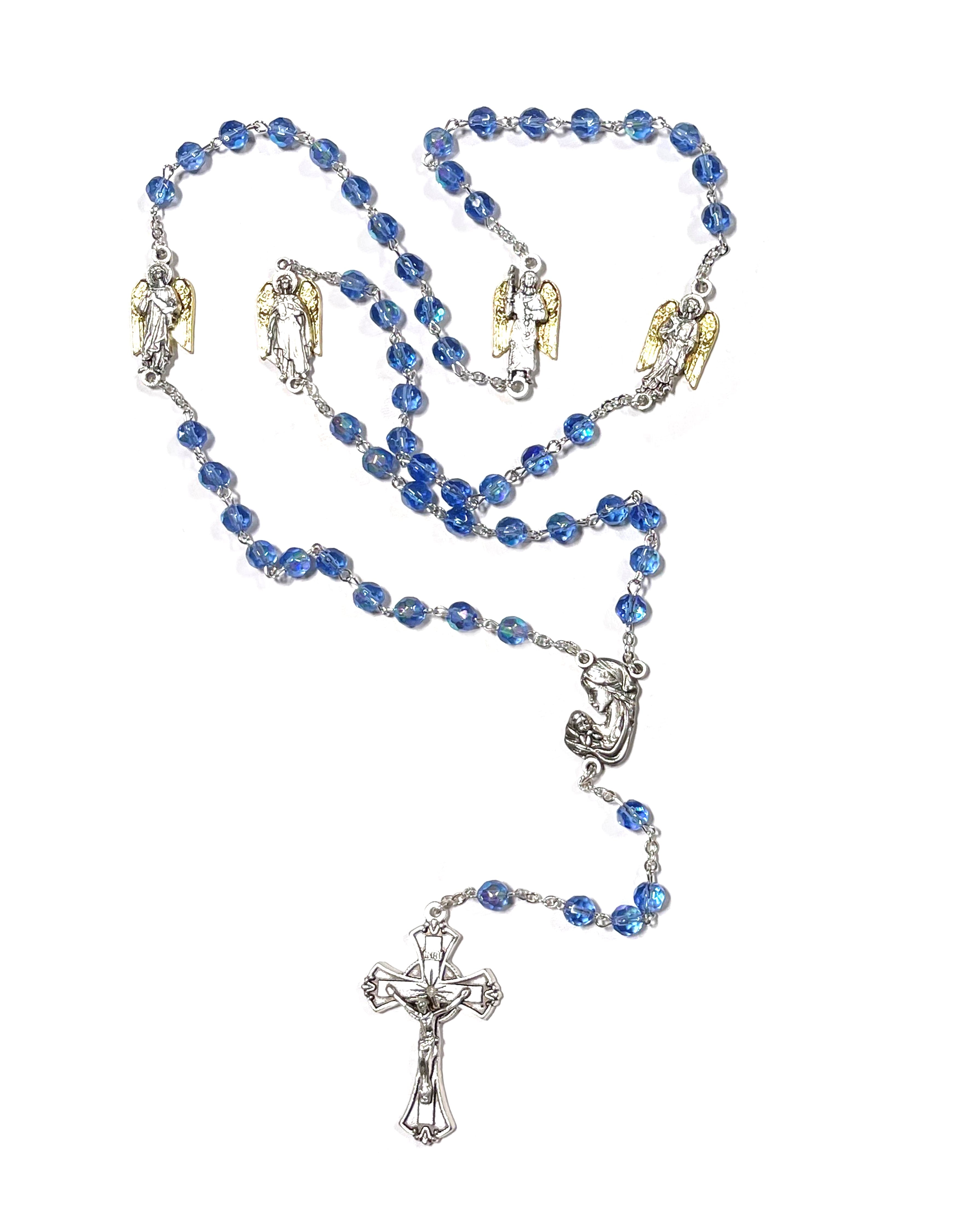 Blue crystal rosary with medals of the three Archangels and the ...