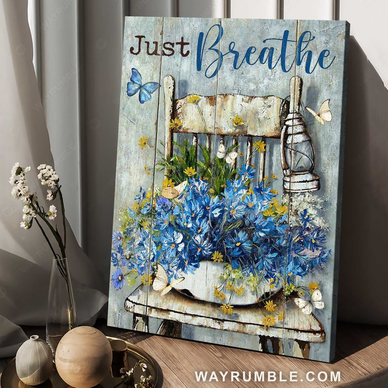 Blue daisy vase, Vintage chair, White butterfly, Just breathe - Jesus ...