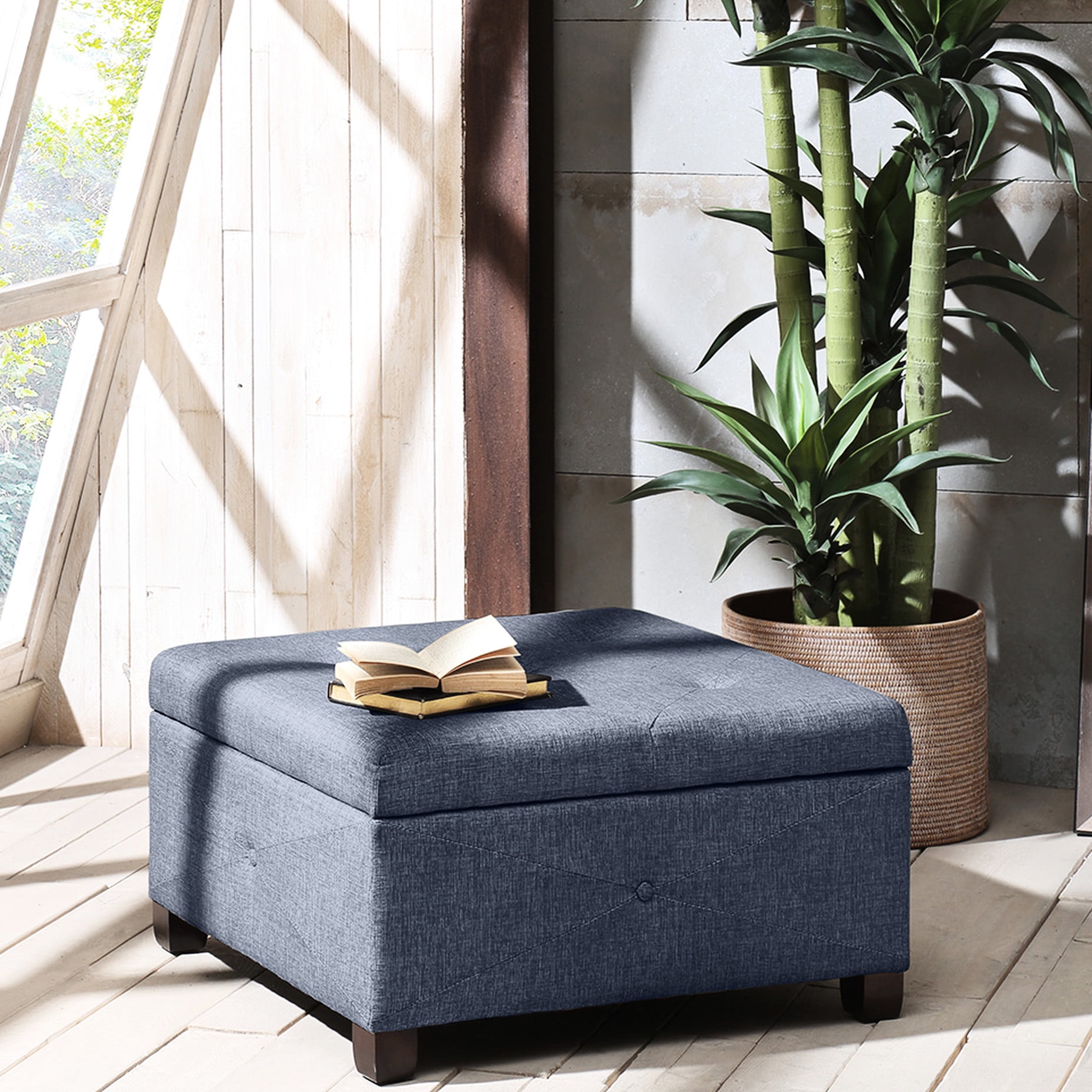 Blue fabric storage ottoman with soft close lid and solid wood legs for ...