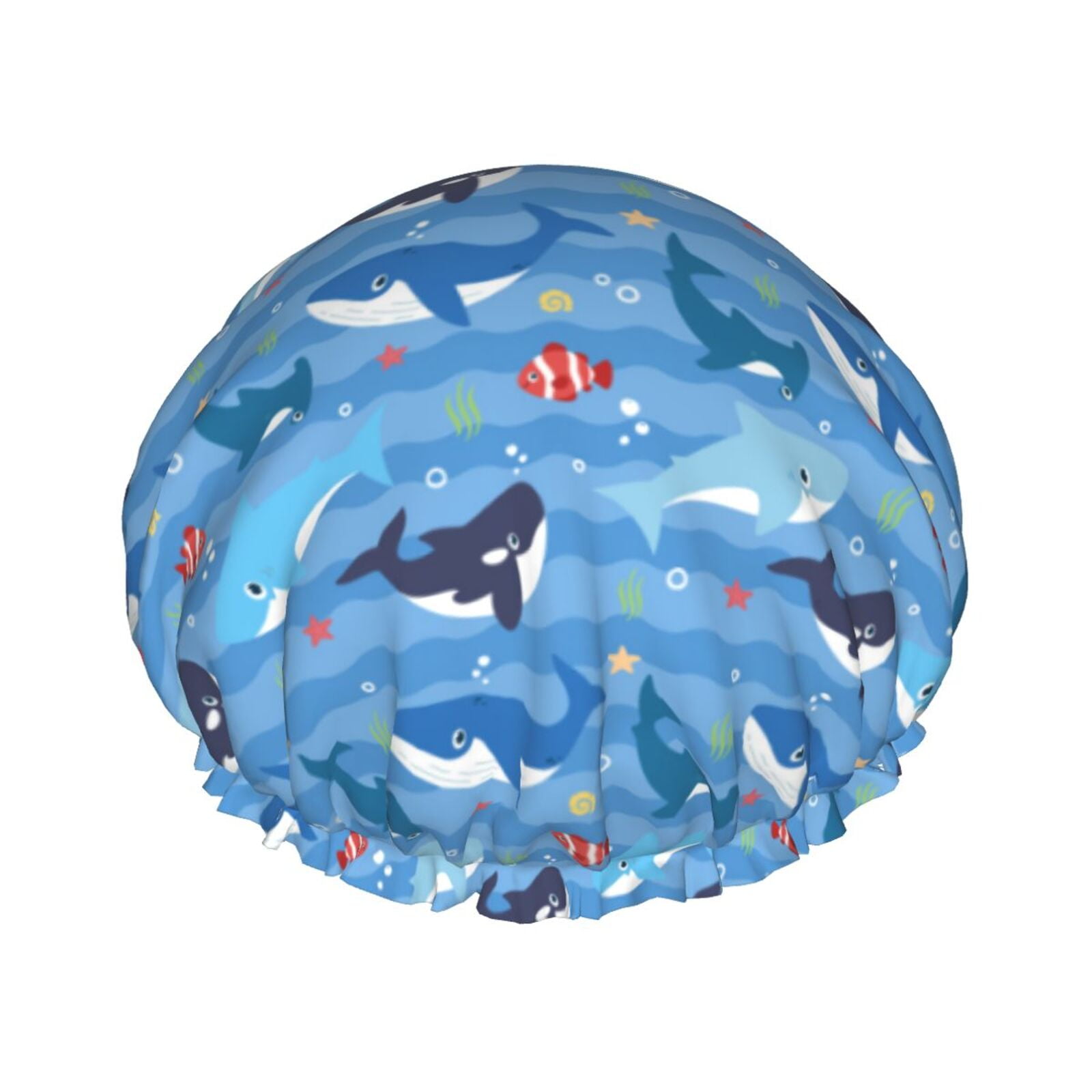 Blue fish print Shower Cap for Women, Double Waterproof Layers Shower ...