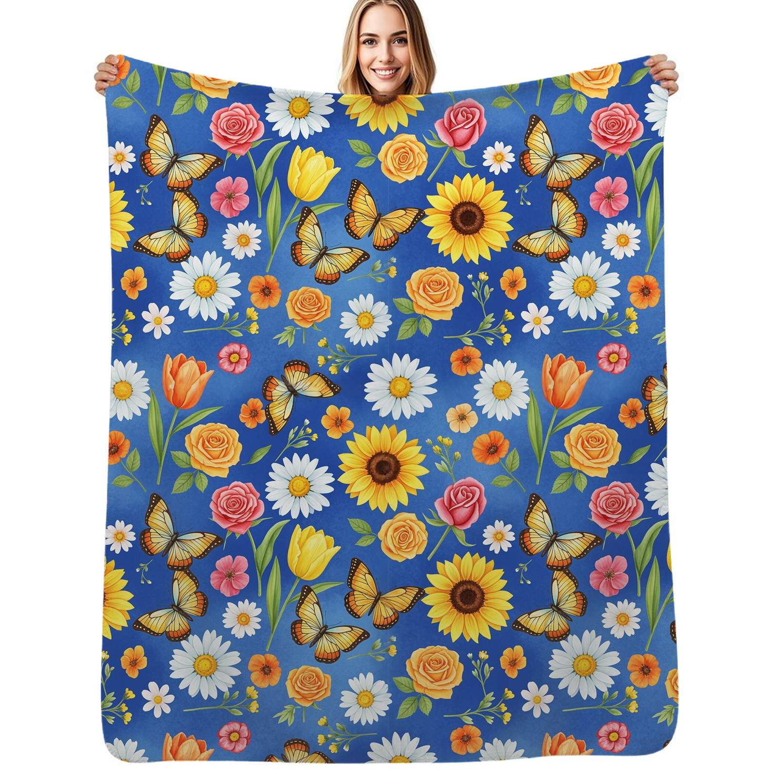 Blue floral butterfly spring pattern textile Soft Blanket Travel ...