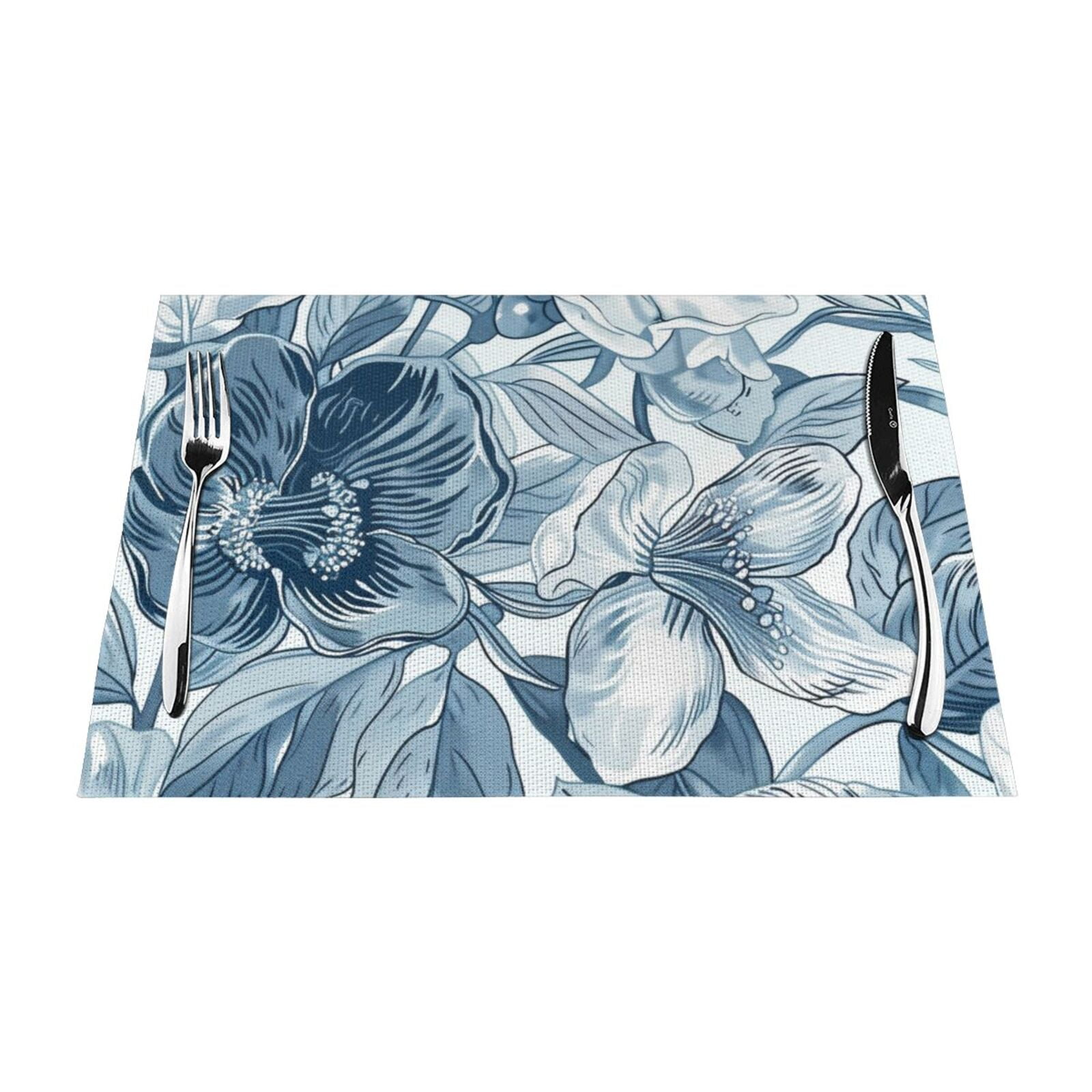 Blue and floral pattern with detailed shading and line work Table mat ...