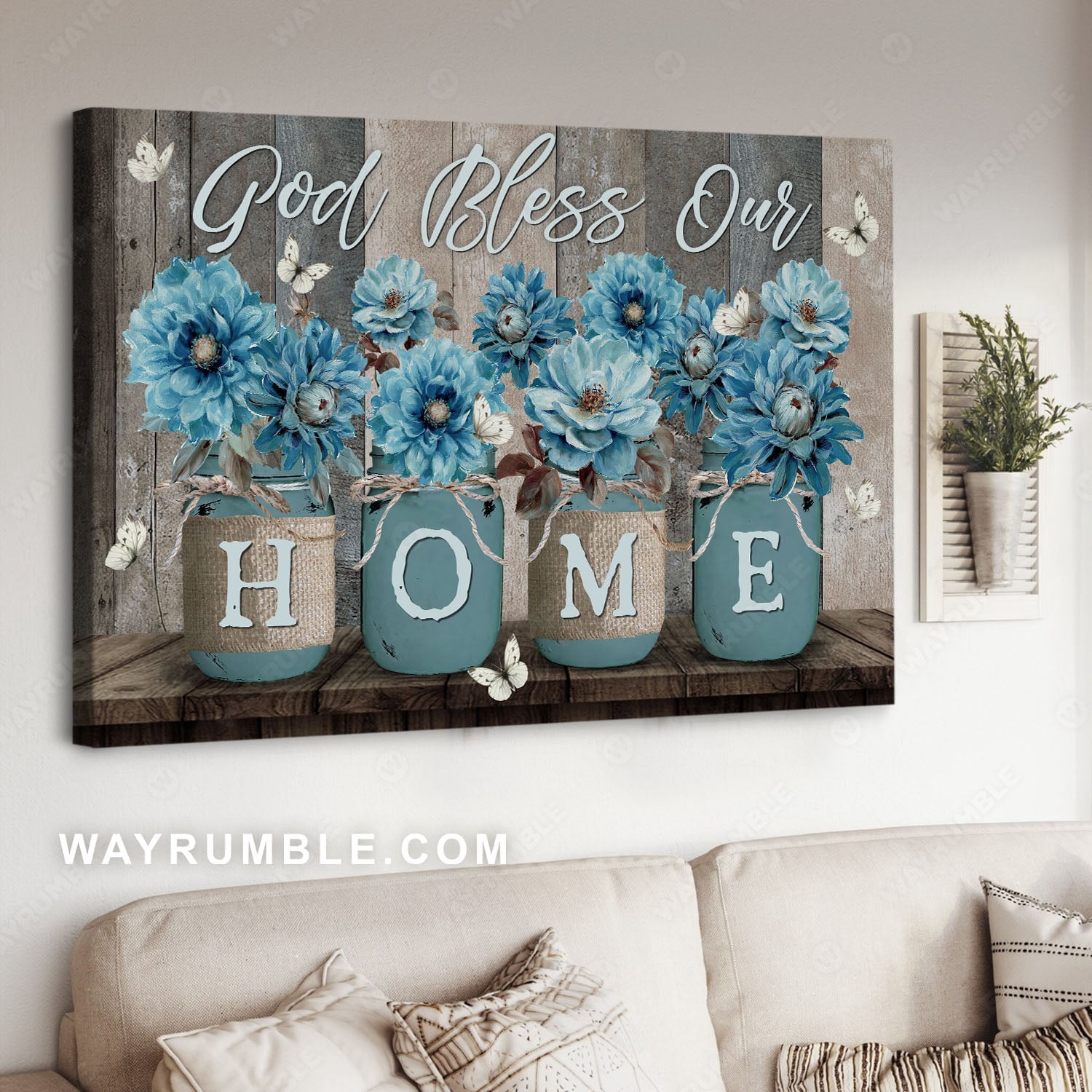 Blue flower, White butterfly, Mason jars, God bless our home - Jesus ...