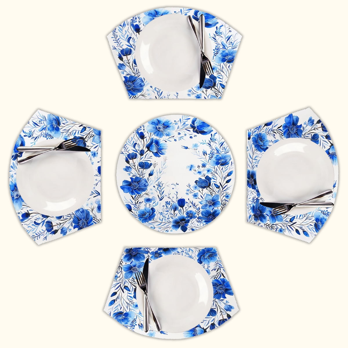 Blue flowerWatercolor Round Table Placemats Set Of 5 Wedge Table Mats ...