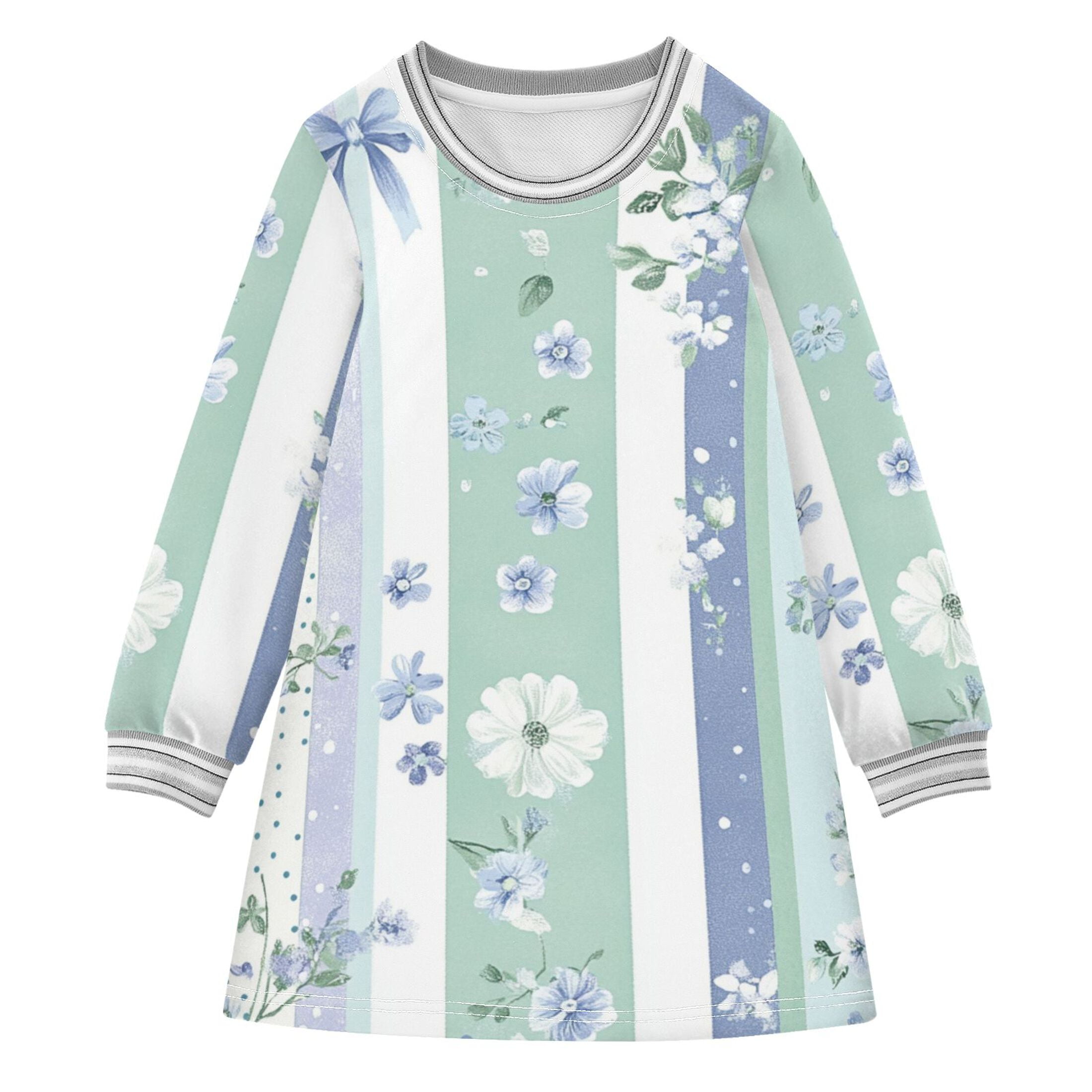 Blue-green Vertical Stripes Florals Leaves Long-sleeved Dress A-line ...