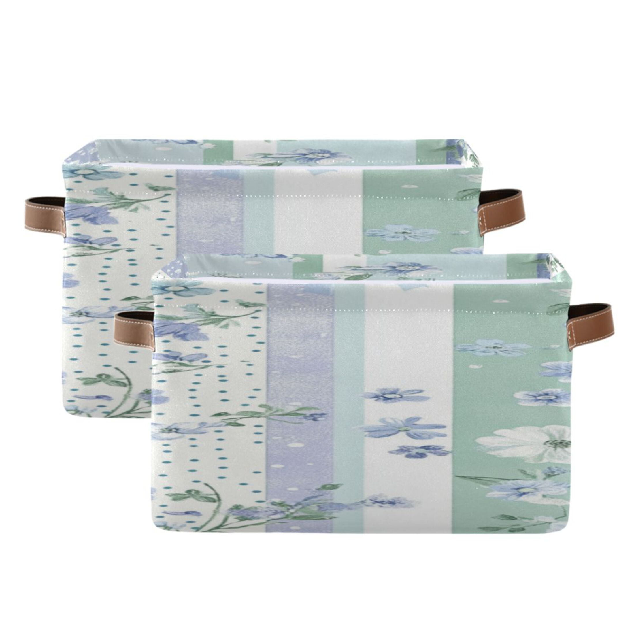 Blue-green Vertical Stripes Florals Leaves Square Storage Bins with ...