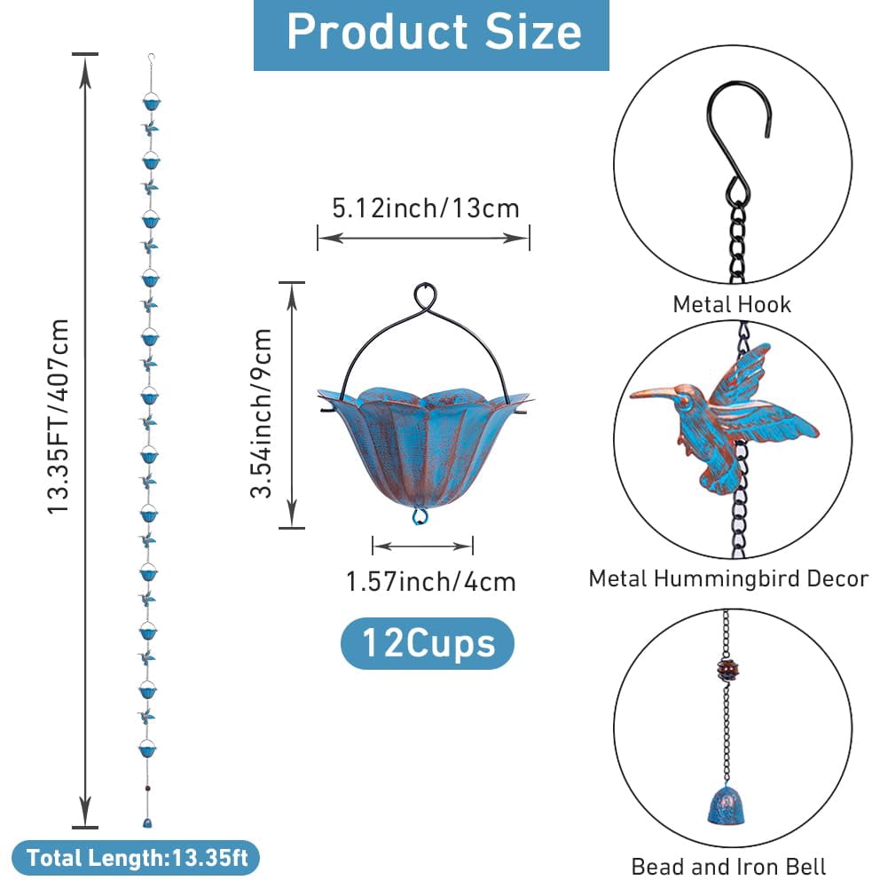 Blue hummingbird 12-cup 13.4ft Rain Chain with Copper Bell for Gutter ...