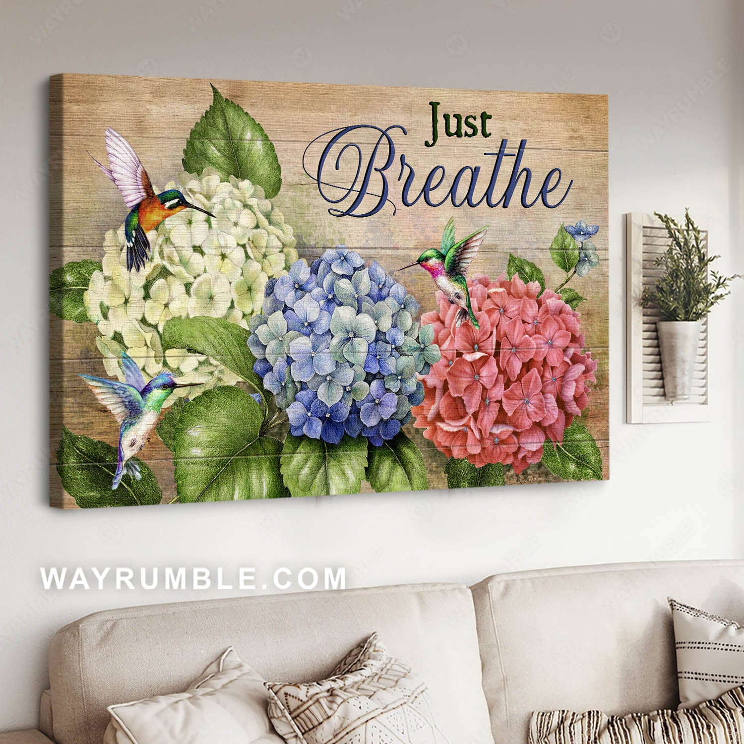 Blue hydrangea, Pink hydrangea, White hydrangea, Green hummingbirds ...