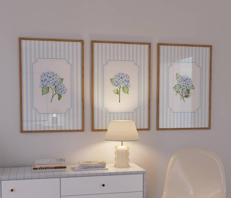 Blue hydrangea wall art Trendy floral prints Striped Pastel dorm art ...