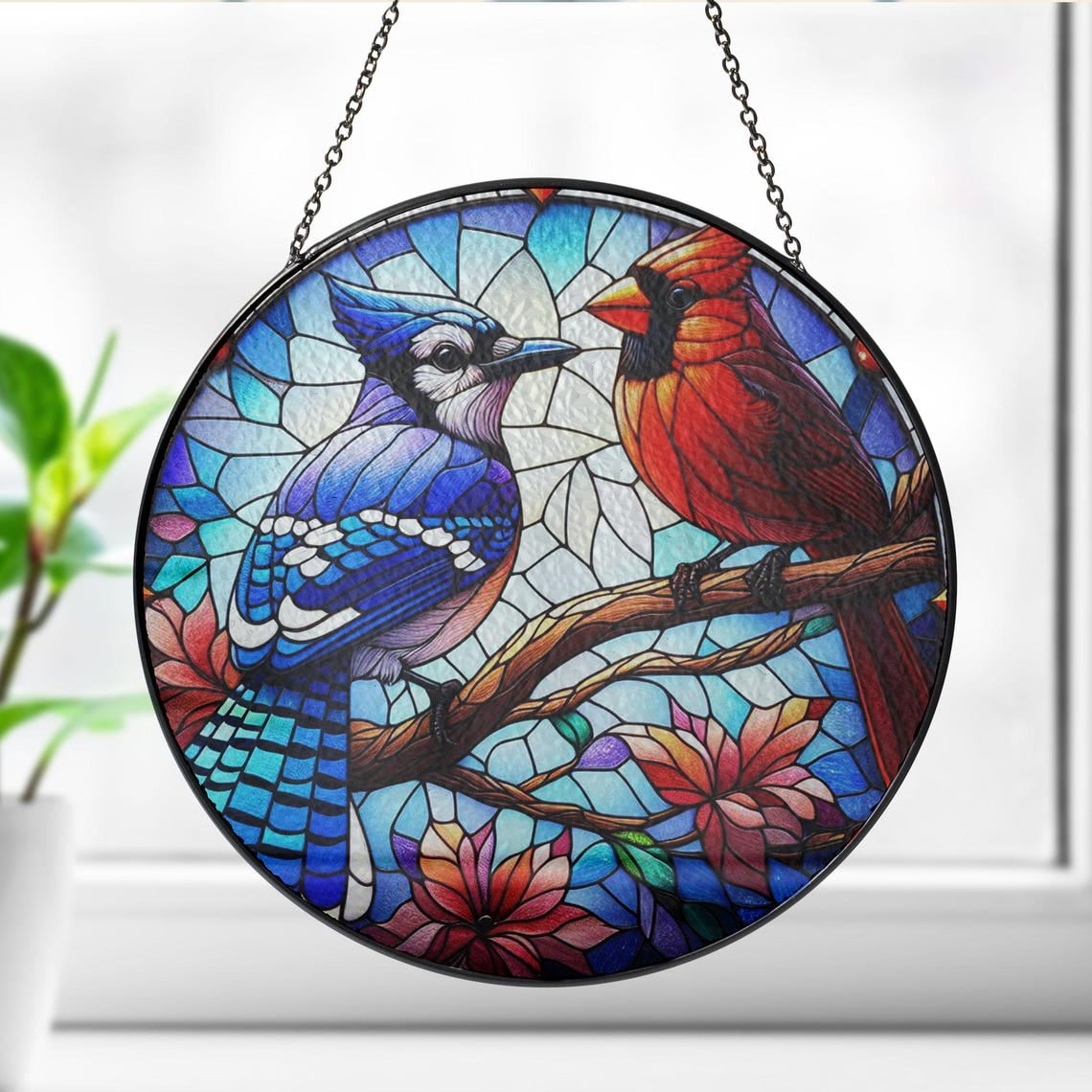 Blue jay and cardinal on branch GLASS Suncatcher Hanging, blue jay ...