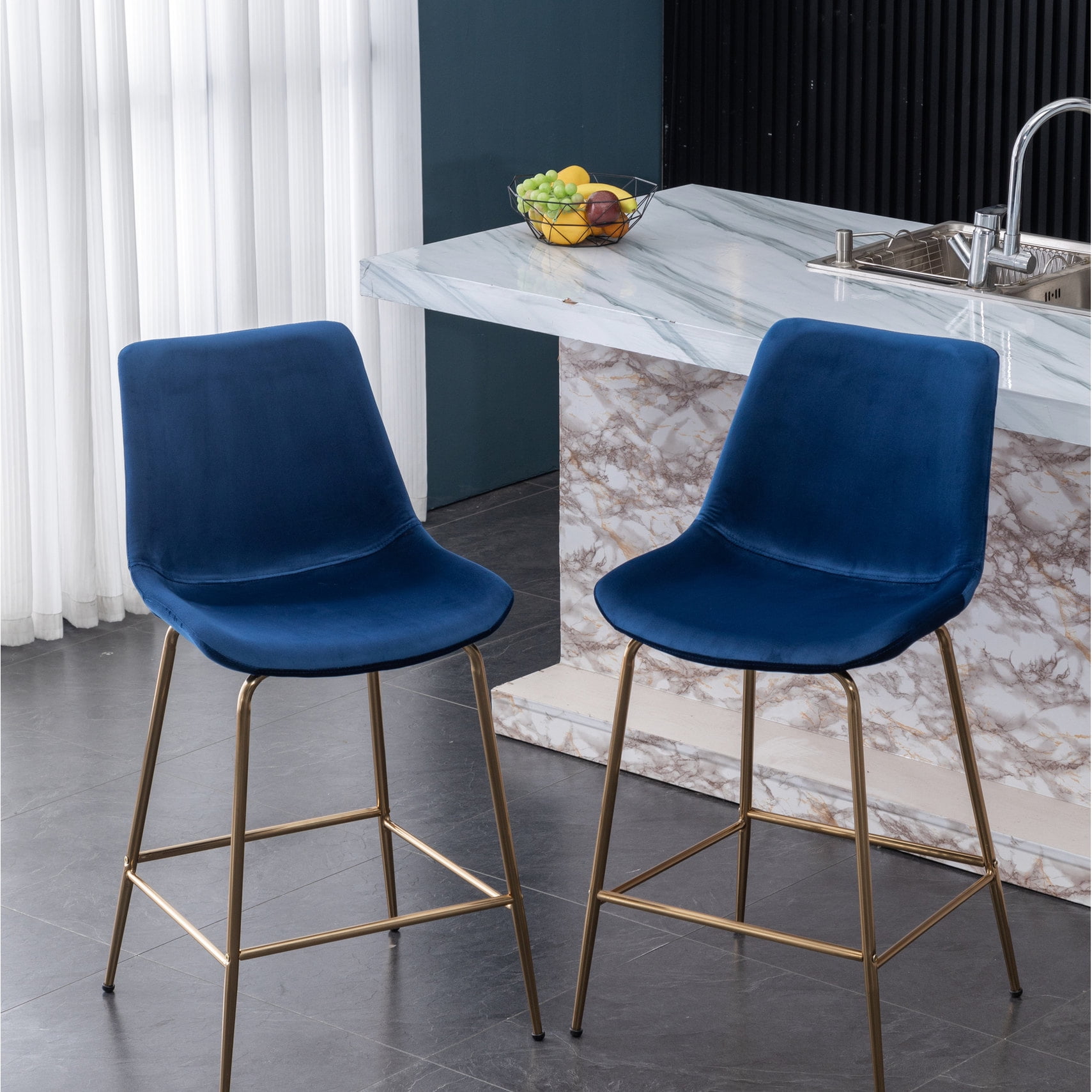 Blue modern velvet counter stools / Sleek design for dining areas ...