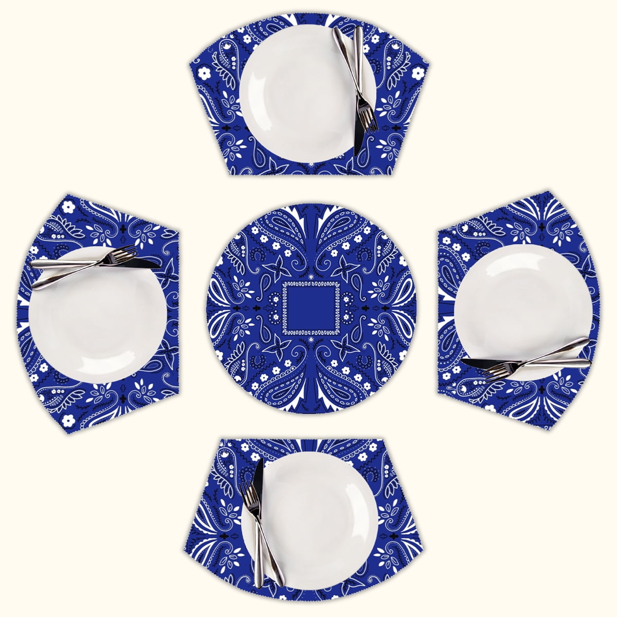 Blue paisley bandana pattern Round Table Placemats Set Of 5 Wedge Table ...