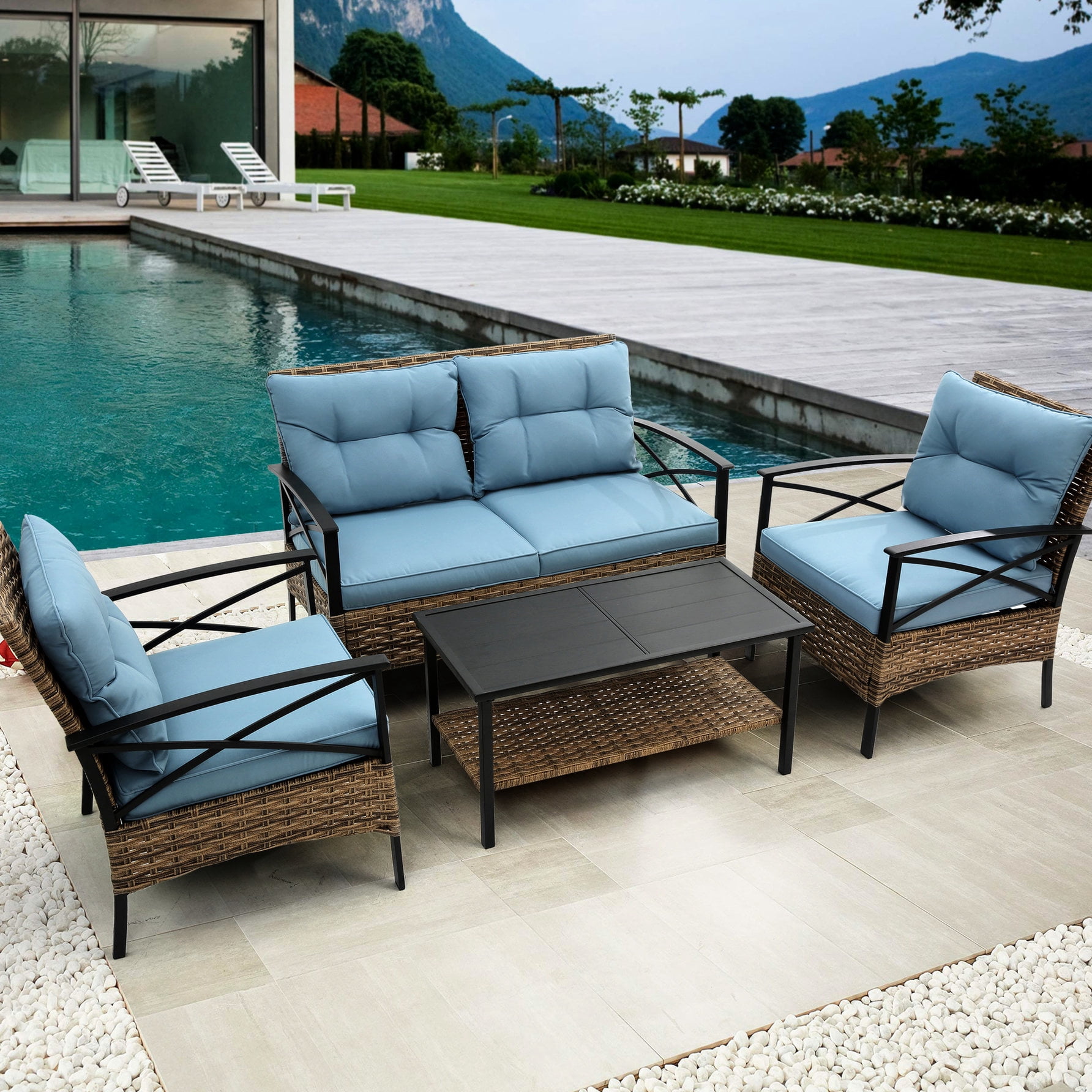 Blue patio set-Ample seat space for snuggling-Garden and poolside use ...
