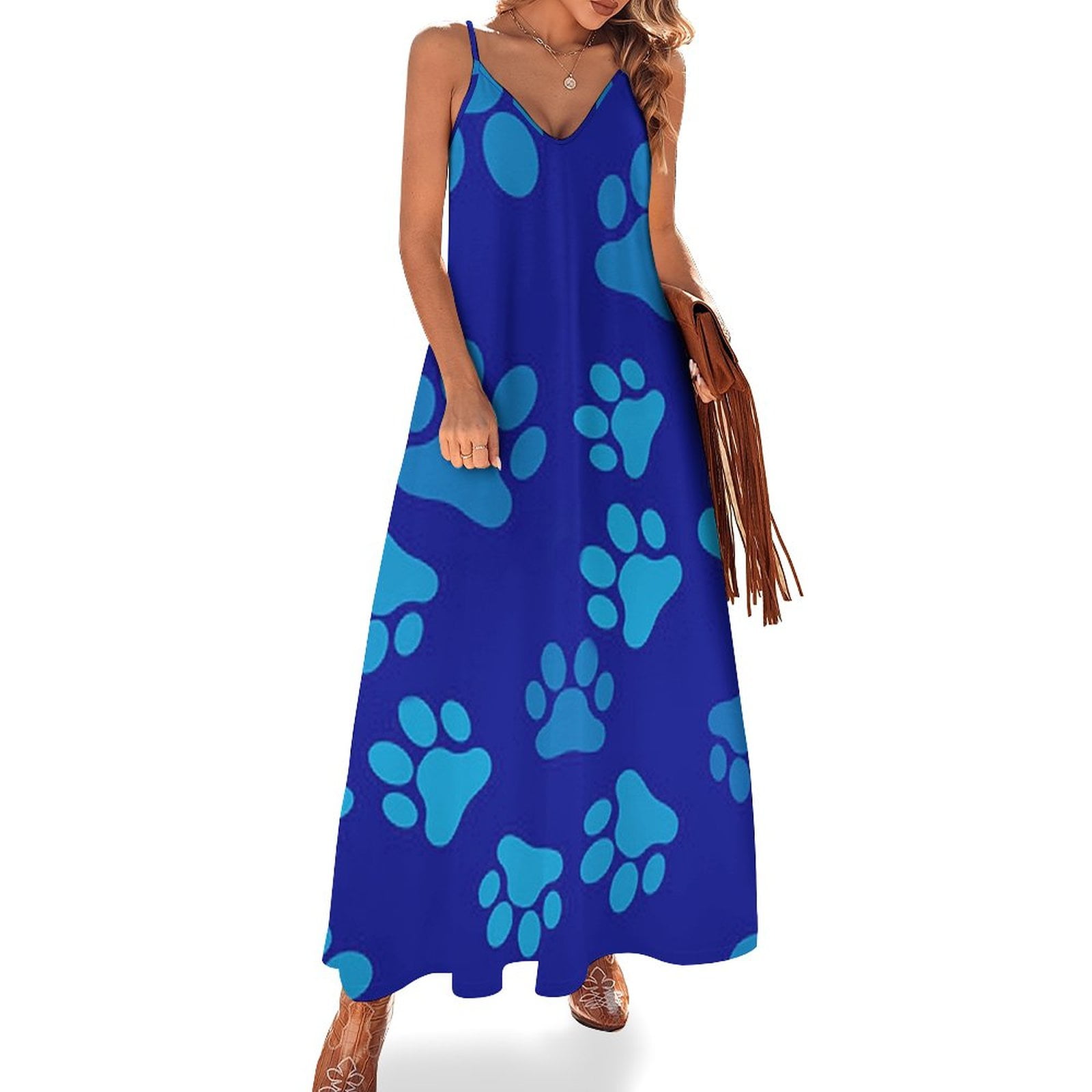 Blue pattern with doodle dog Puppy paws Footprints Sleeveless Dress ...