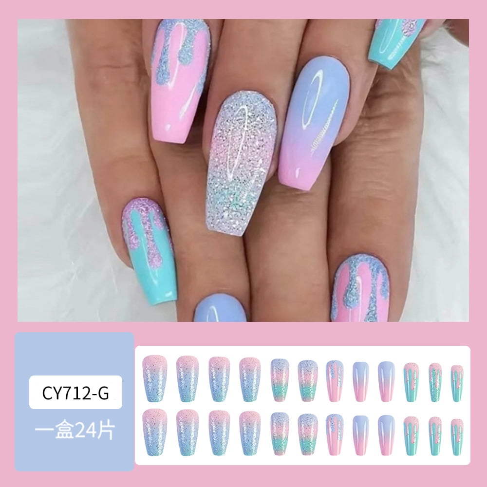 Blue powder gradual change fashion wear nail 24 pieces of bright ...