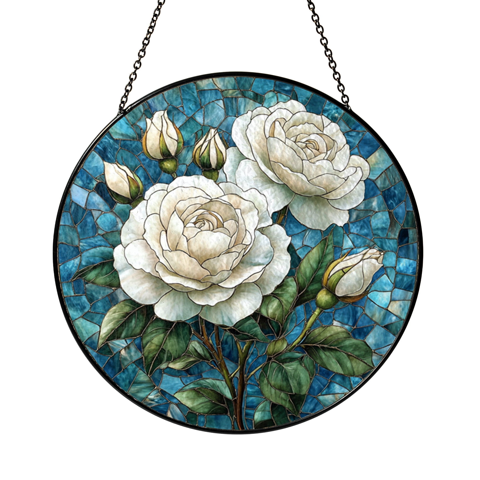 Blue rose and white bloom stained glass inspired hanging, botanical ...