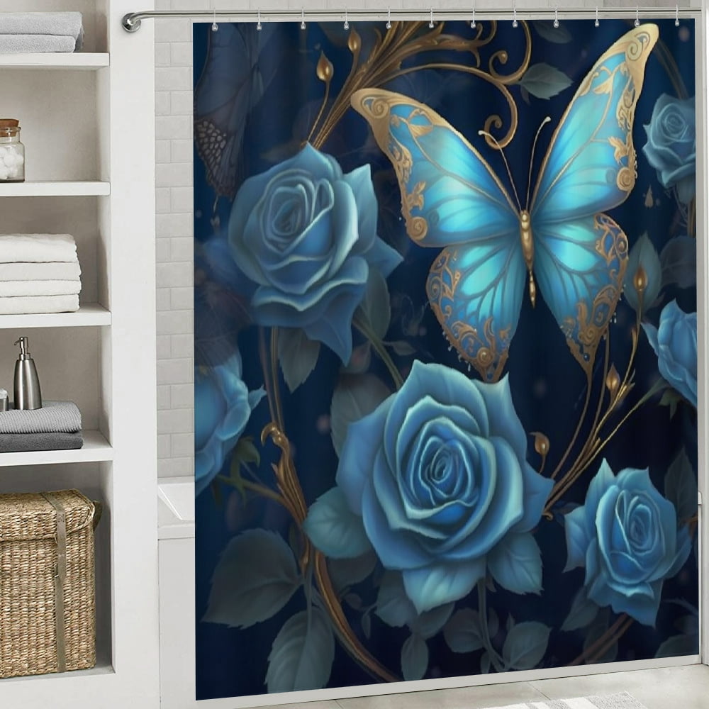 Blue rose, butterflies, fantasy art waterproof shower curtain Bathroom ...