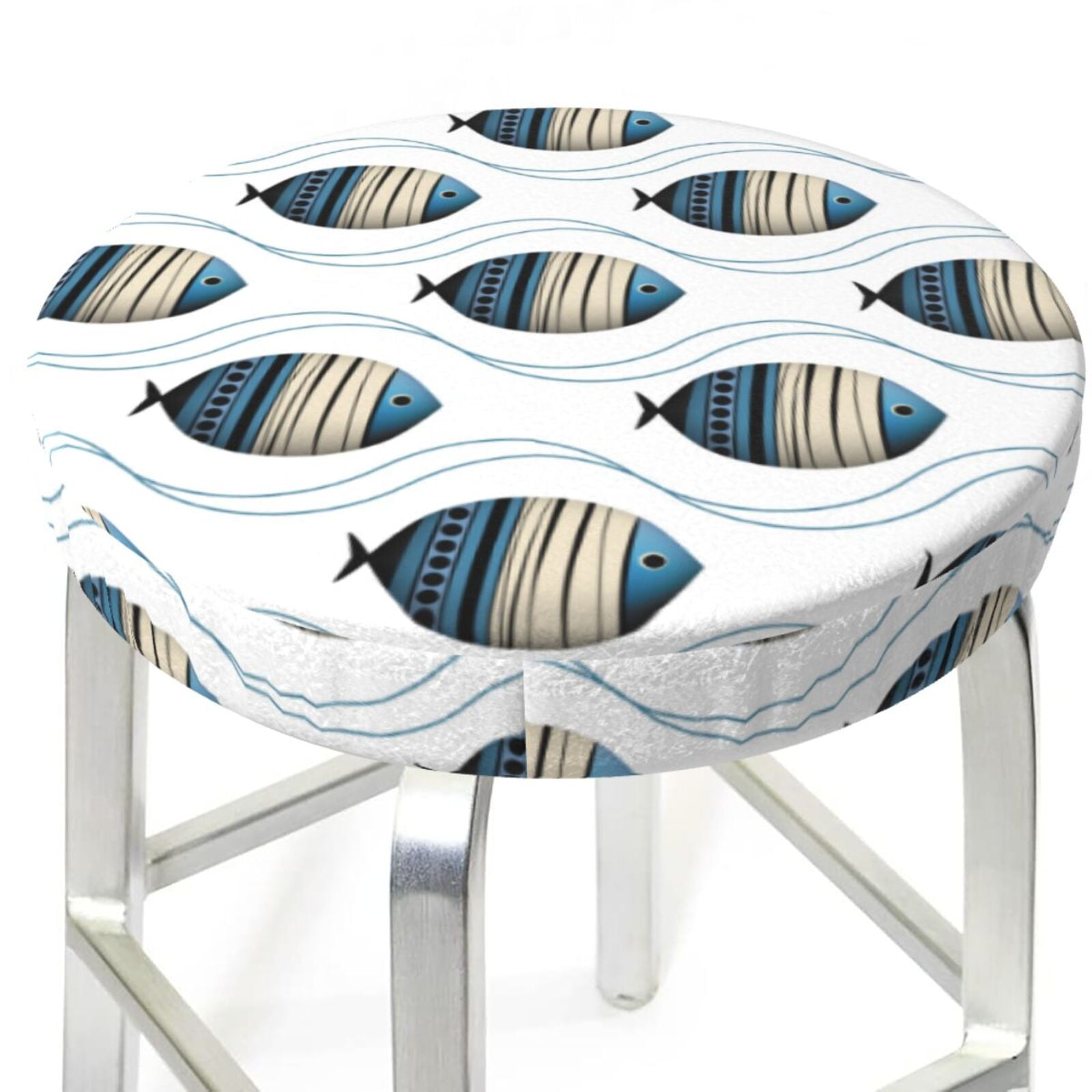 Blue swimming fish Round Bar Stool Seat Covers, Elastic Round Chair ...