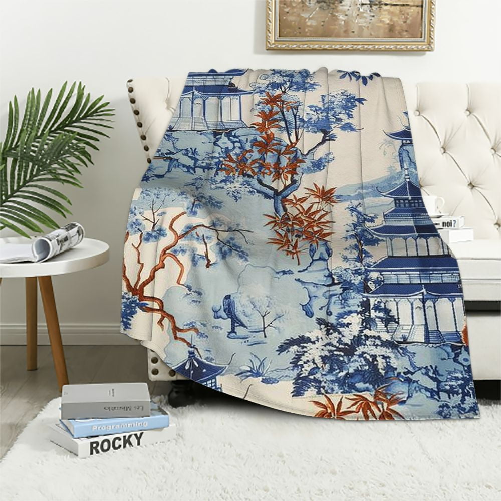 Blue temple Chinese style blanket, soft and comfortable fluffy flannel ...