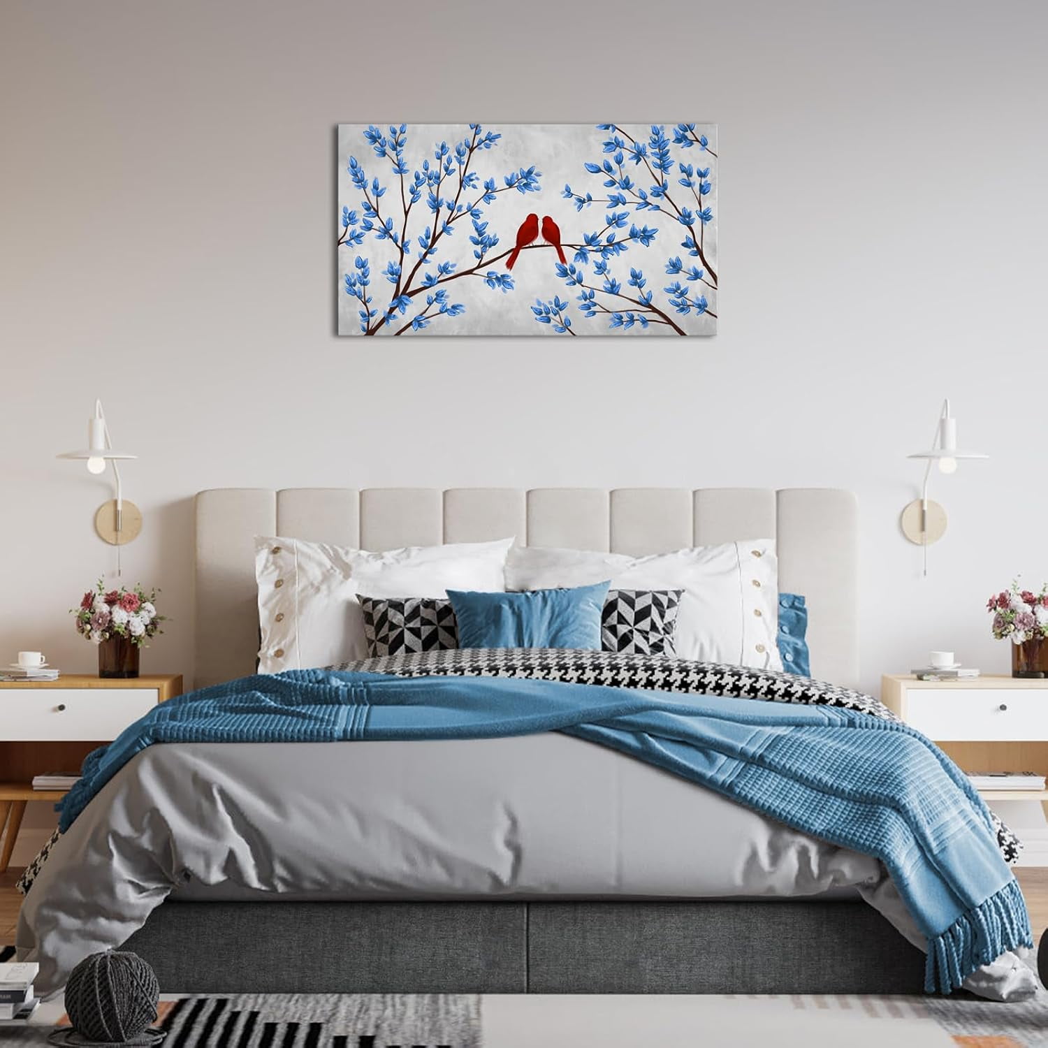 Blue tree Red bird canvas wall art Romantic love Abstract forest ...