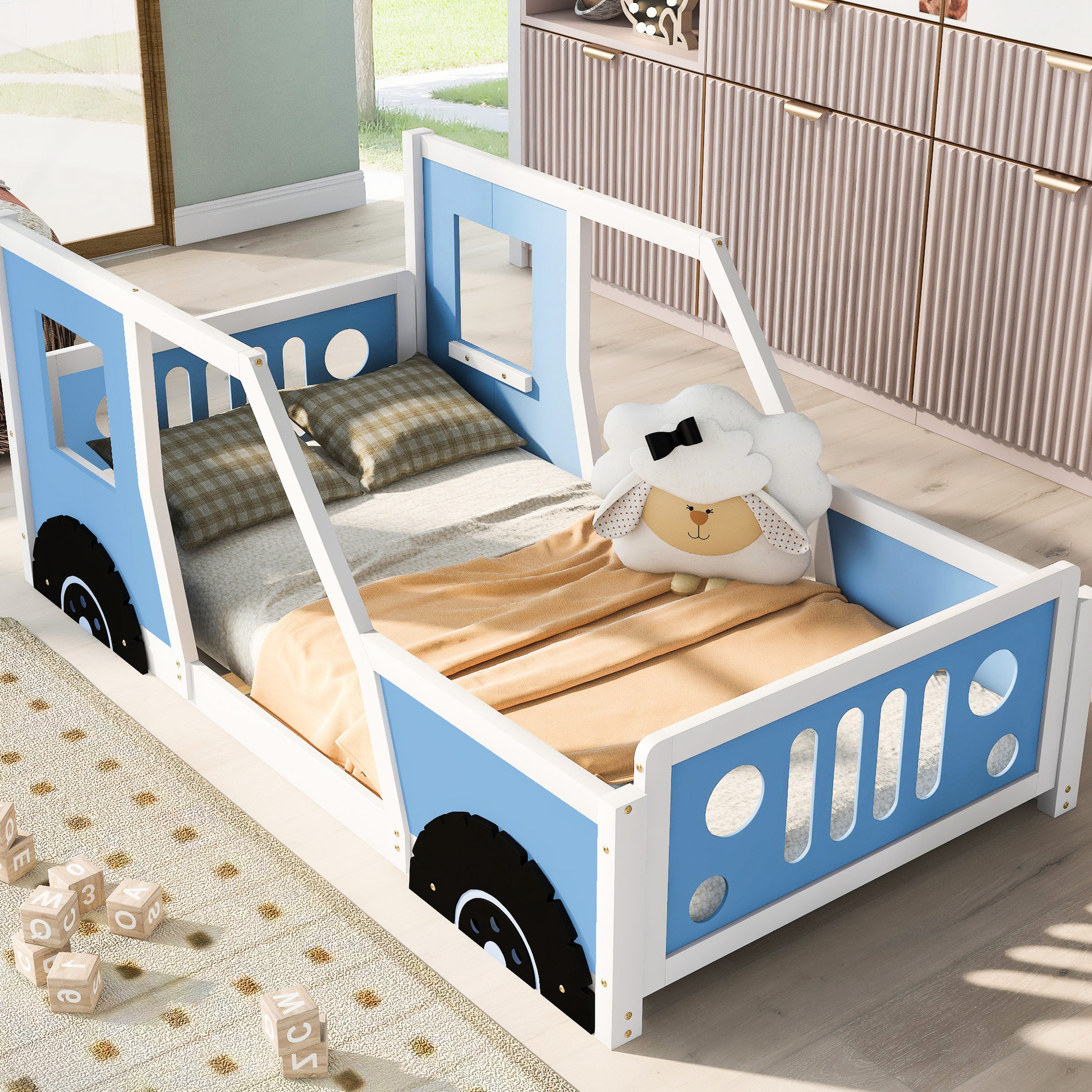 Blue twin classic car bed with wheels for bedroom, made of pine wood ...