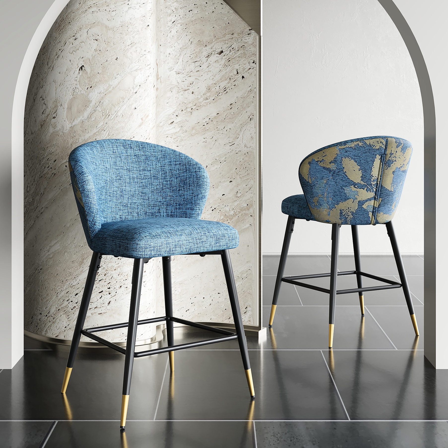 Blue upholstered bar stools - Comfortable curved back - Kitchen and ...