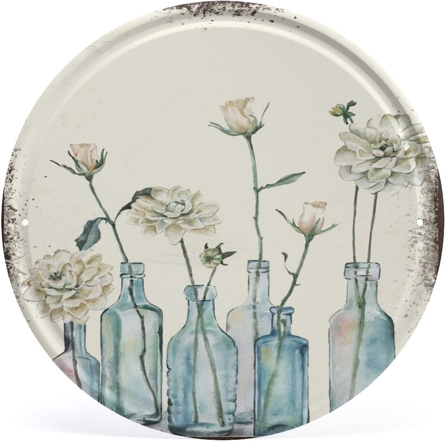 Blue vase floral signs Nostalgic Vintage Round Metal Wall Decor ...