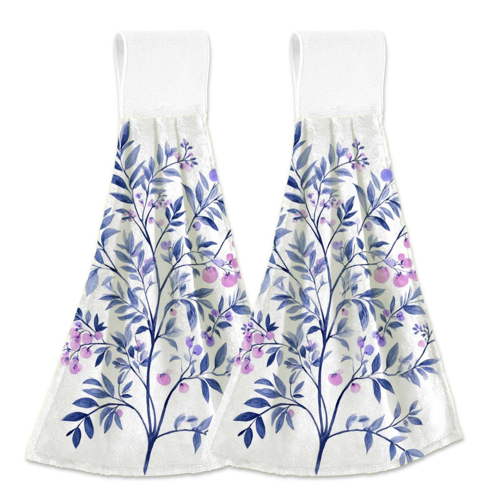 Blue watercolor floral branch Hanging Kitchen Hand Towels Sets with ...