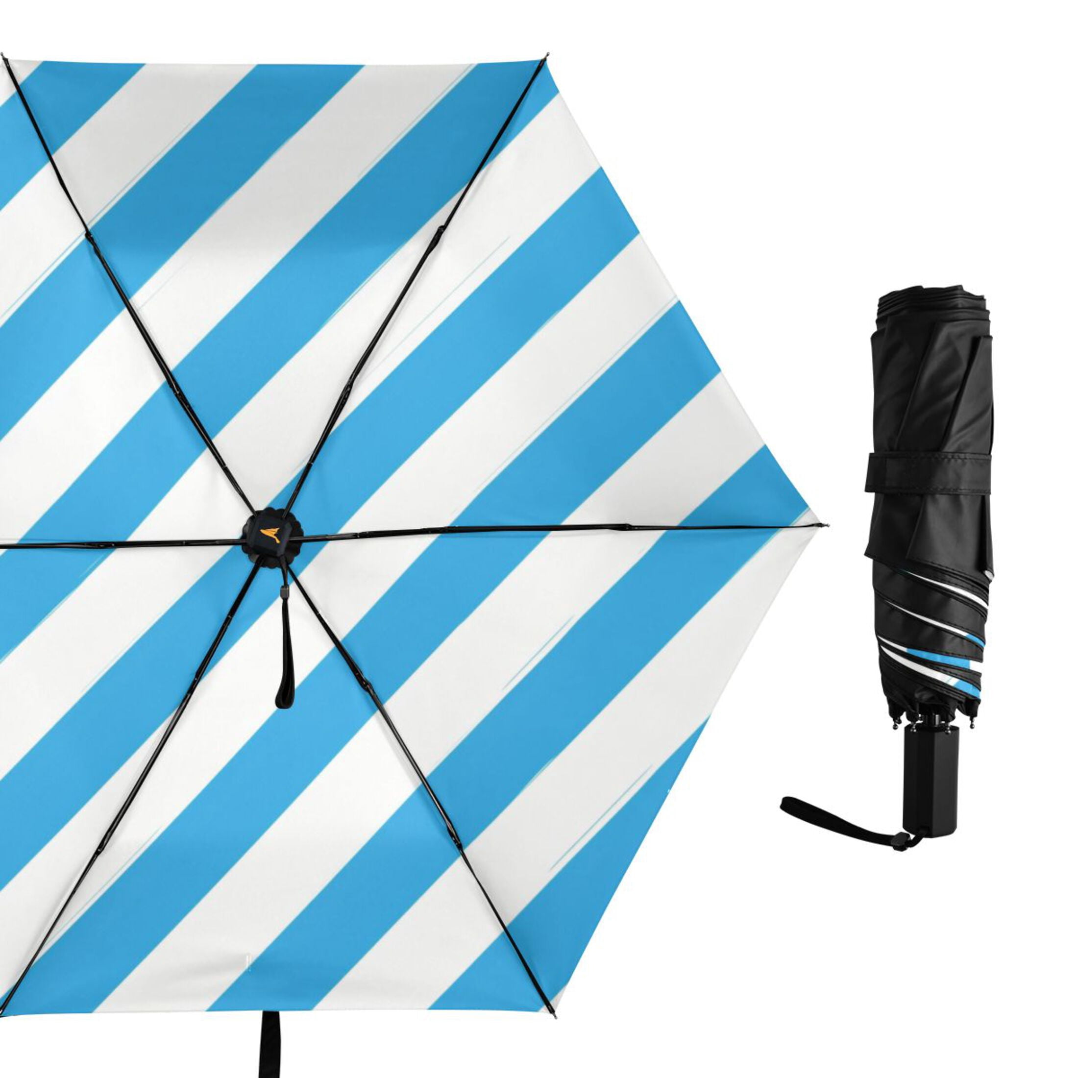 Blue-white Diagonal Stripes Triple Folding Umbrella Parasol 6 Ribs UV ...