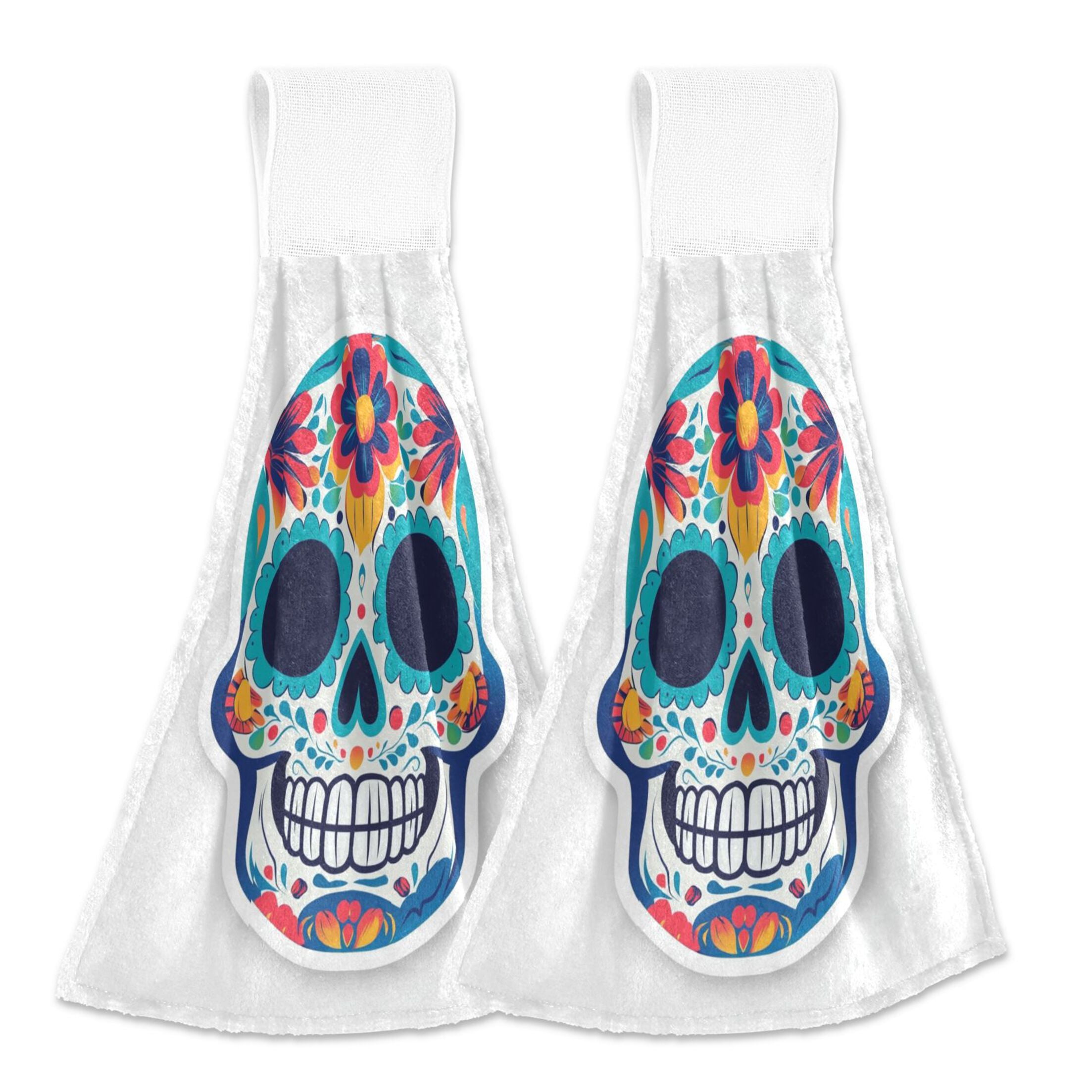 Blue-white Skull with Flowers Hanging Towels with Loop Hand Towels ...