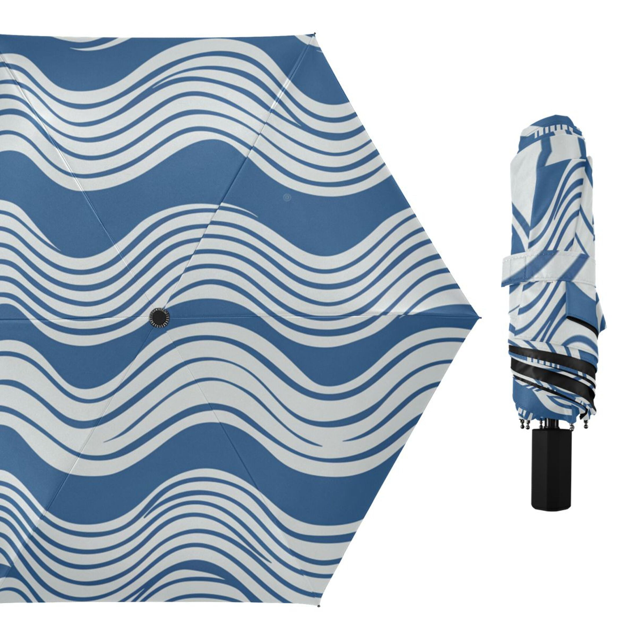 Blue-white Waves All Weather Umbrella Triple Folding Parasol 6 Ribs UV ...