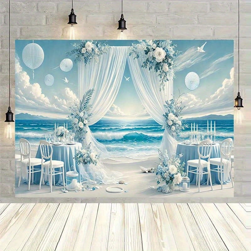 Blue and white beach wedding background Backdrop wall hanging fabric ...