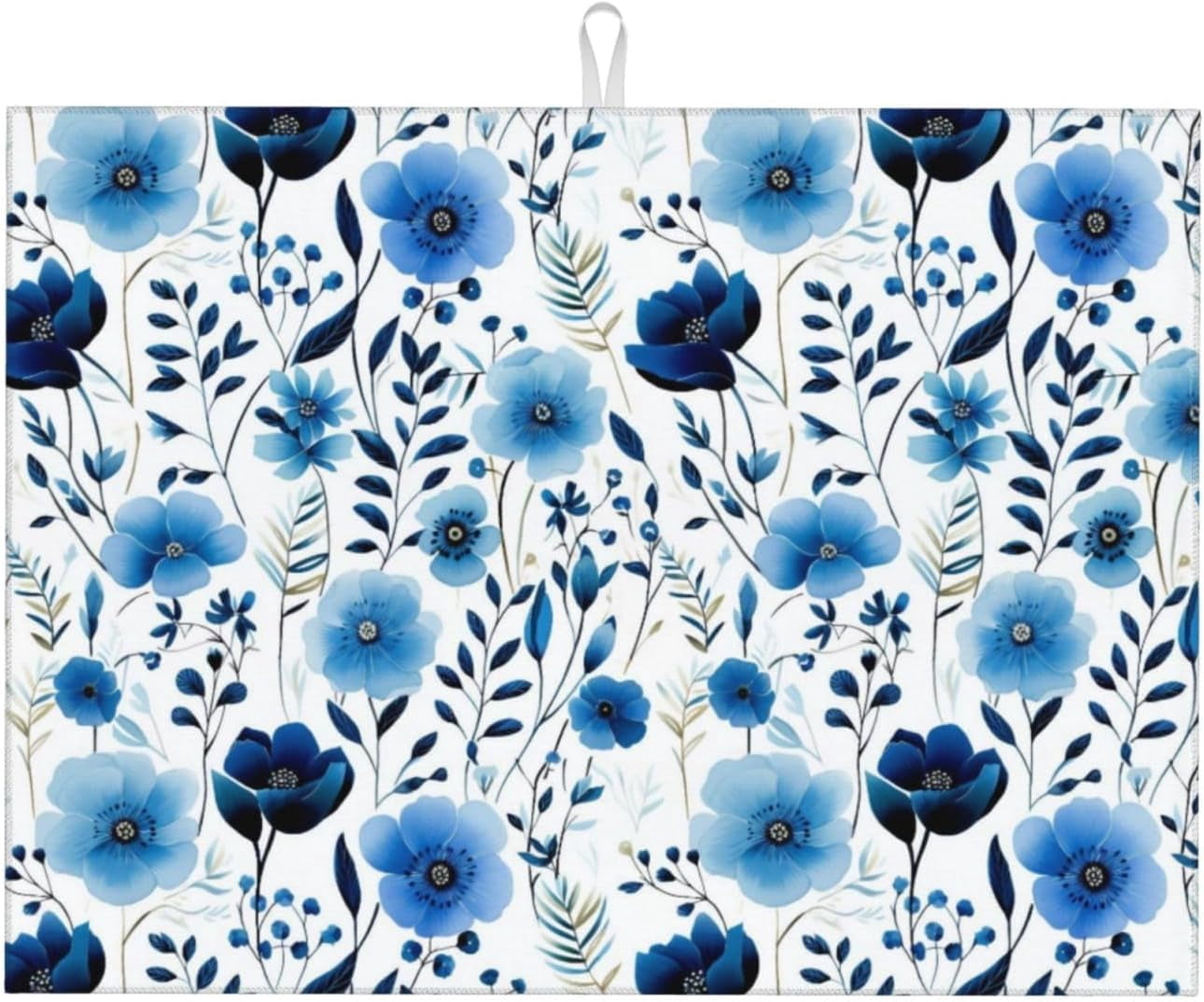 Blue and white floral watercolor dish drying mat, absorbent Bohemian ...