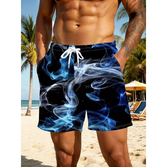 Blue and white swirl abstract print men's sports shorts, made of ...