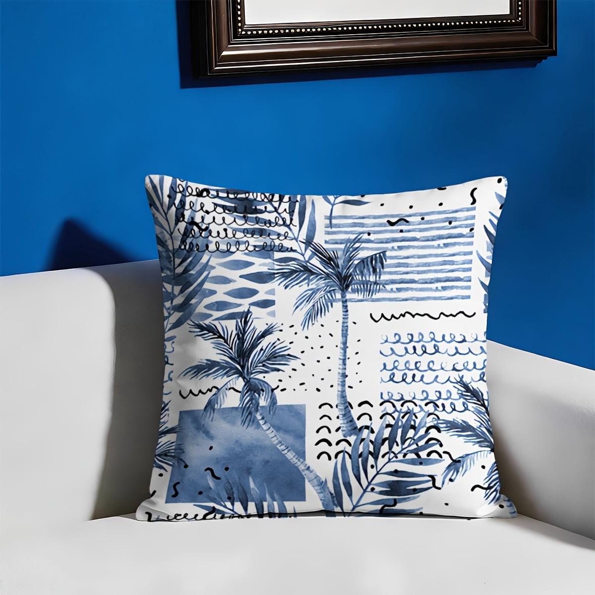 Blue and white tropical plants and abstract line collage home ...